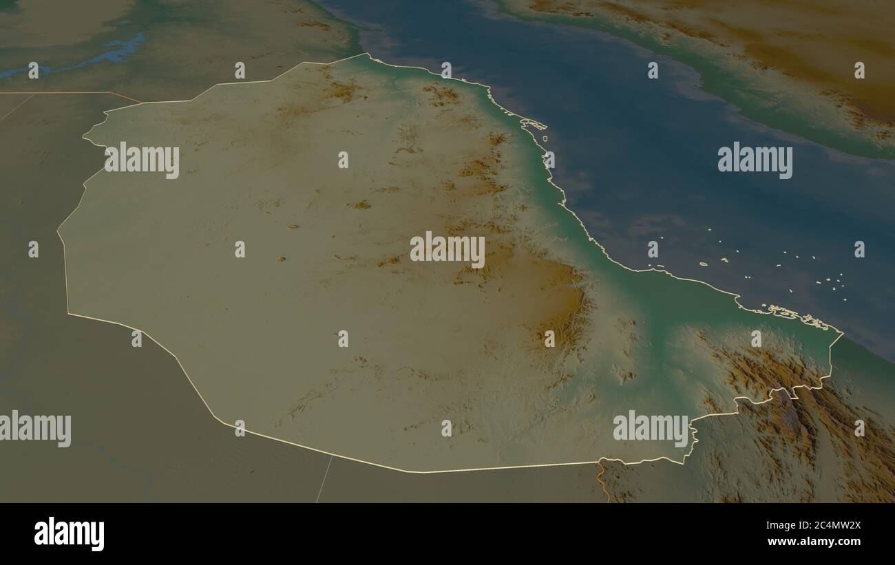 Zoom in on Red Sea (state of Sudan) outlined. Oblique perspective ...