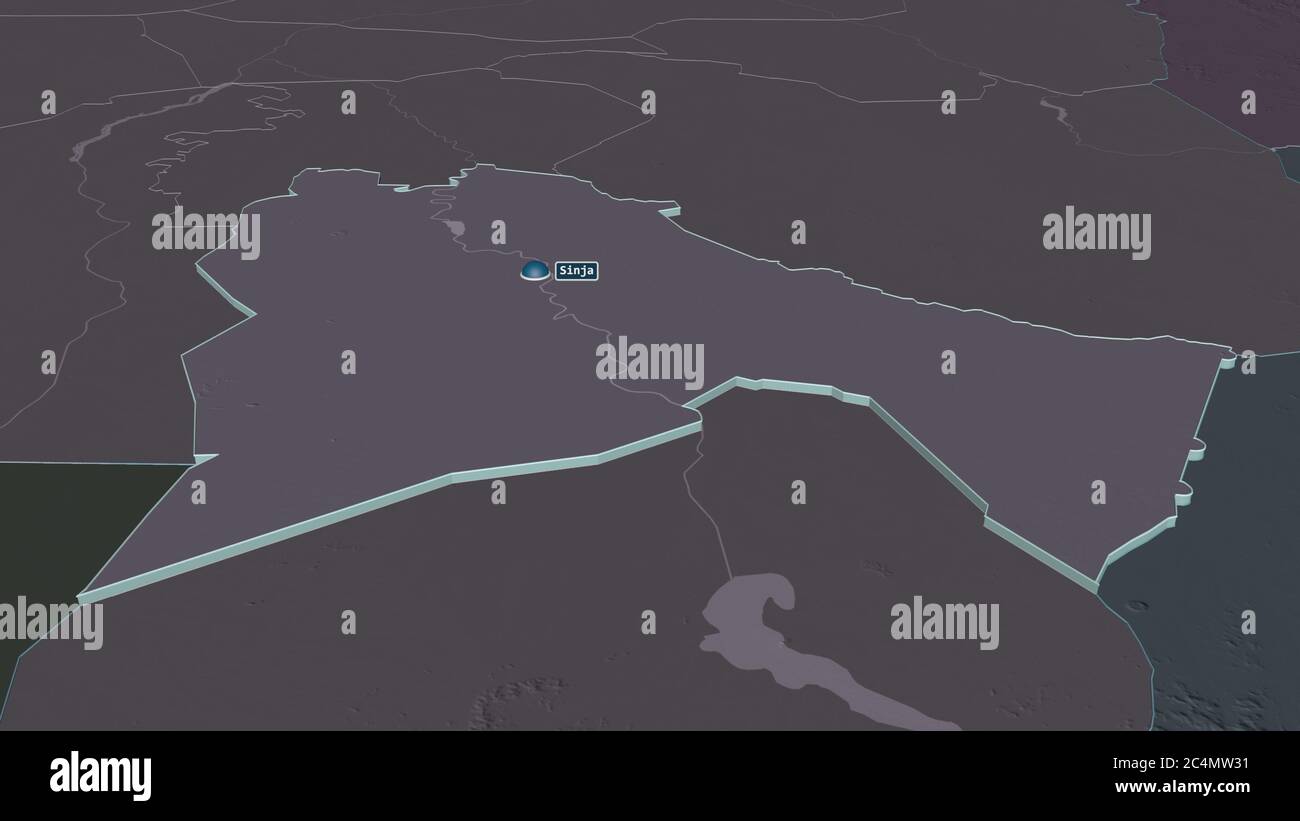 Zoom in on Sennar (state of Sudan) extruded. Oblique perspective ...