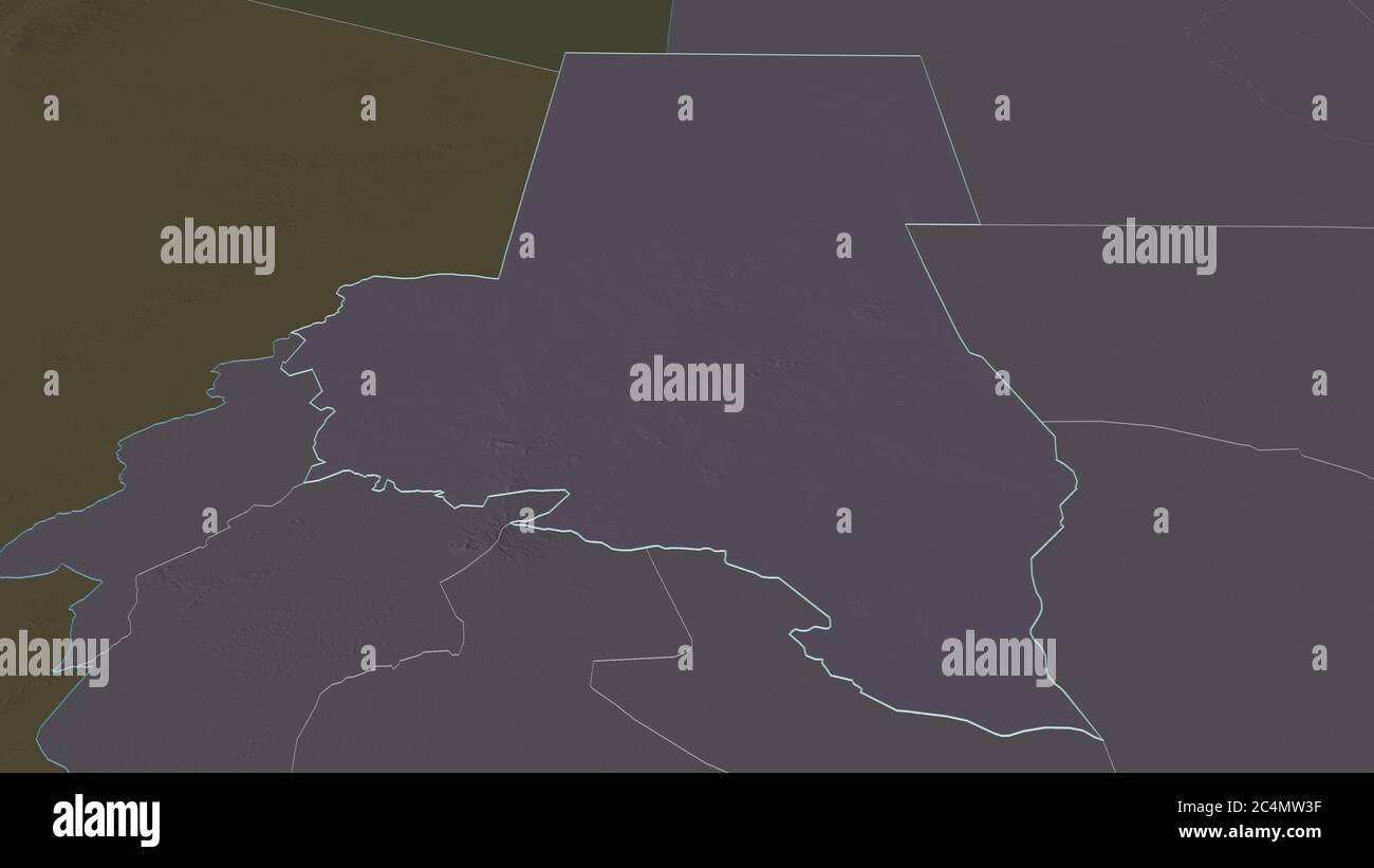 Zoom in on North Darfur (state of Sudan) outlined. Oblique perspective ...