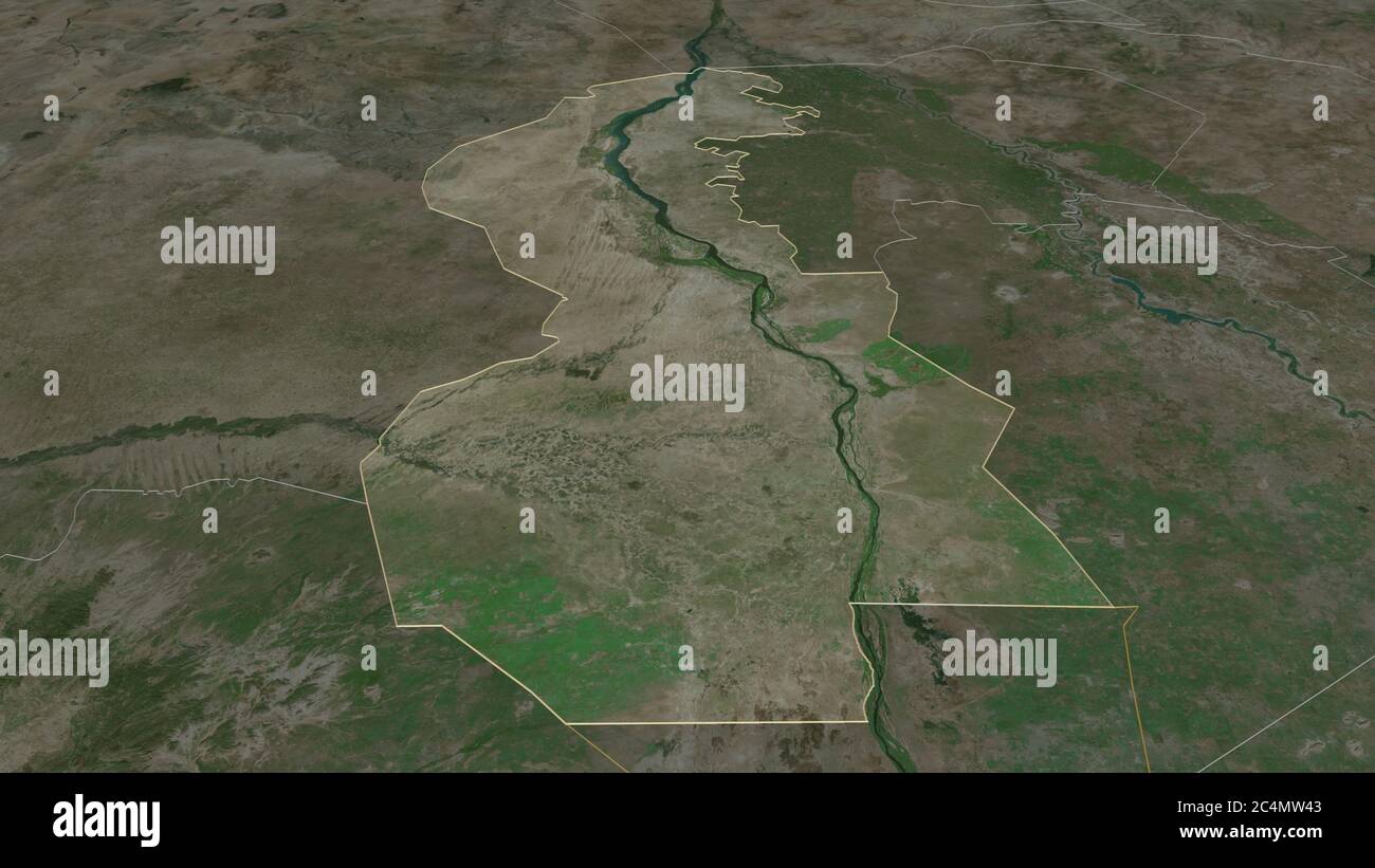 Zoom in on White Nile (state of Sudan) outlined. Oblique perspective ...