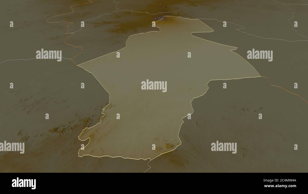 Zoom in on South Darfur (state of Sudan) outlined. Oblique perspective ...