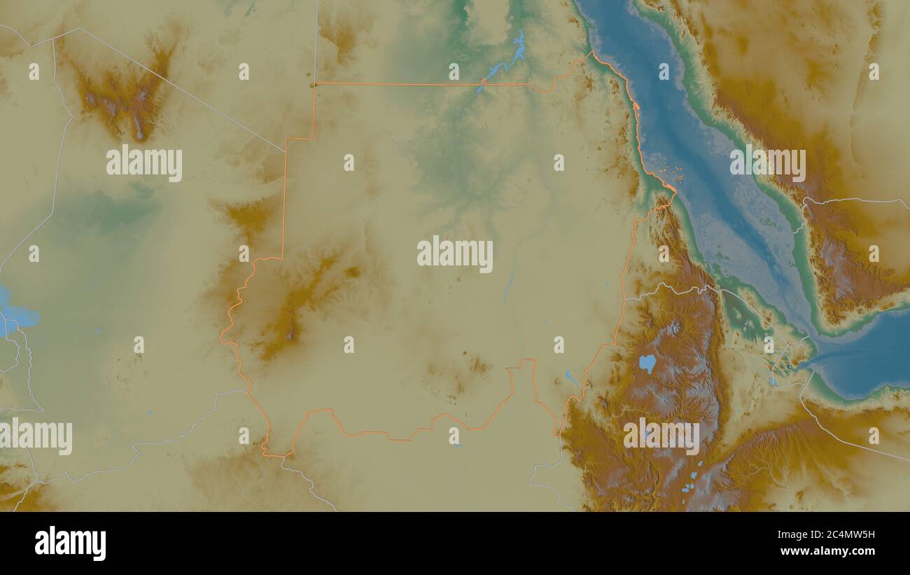 Outlined shape of the Sudan area. Topographic relief map with surface ...