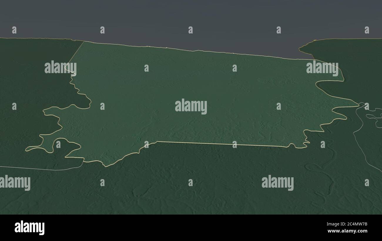 Zoom in on Coronie (district of Suriname) outlined. Oblique perspective ...