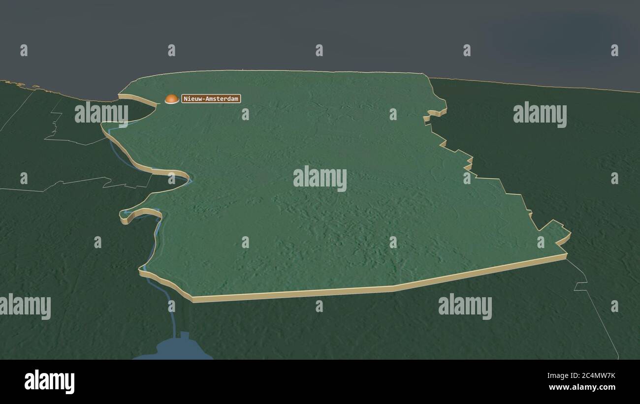 Zoom in on Commewijne (district of Suriname) extruded. Oblique ...