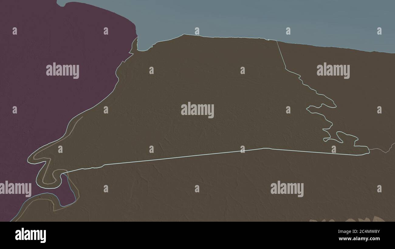 Zoom in on Nickerie (district of Suriname) outlined. Oblique ...