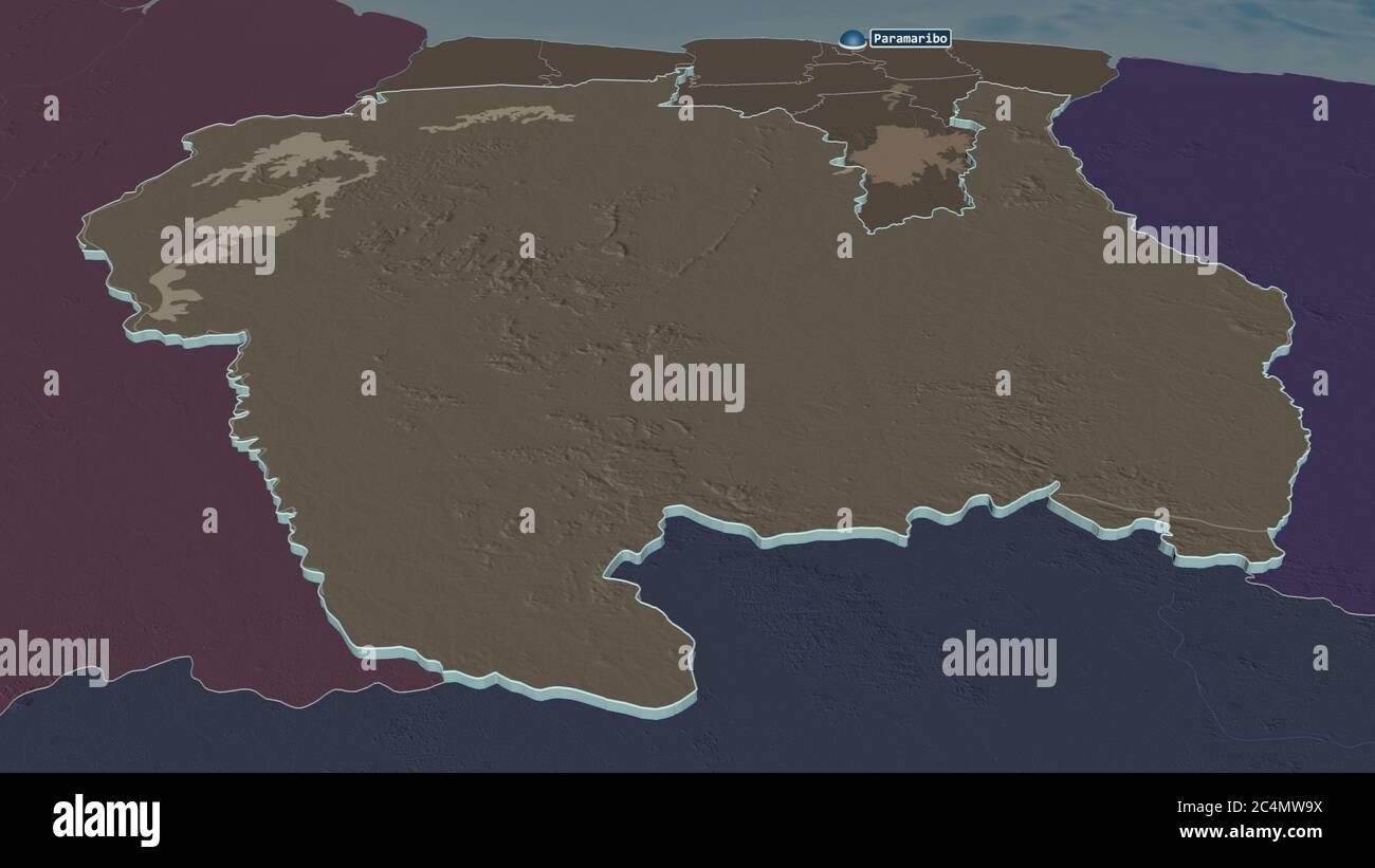 Zoom in on Sipaliwini (district of Suriname) extruded. Oblique ...