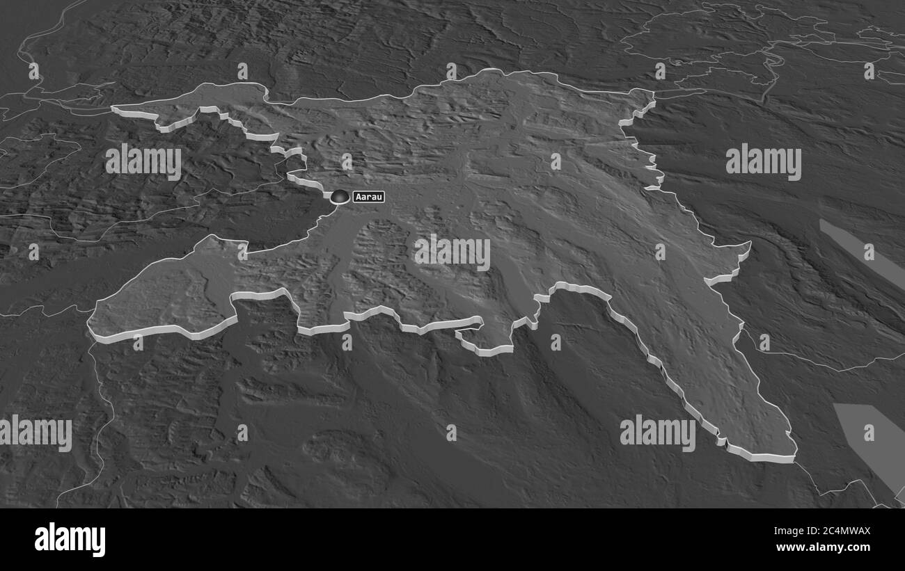 Zoom in on Aargau (canton of Switzerland) extruded. Oblique perspective ...