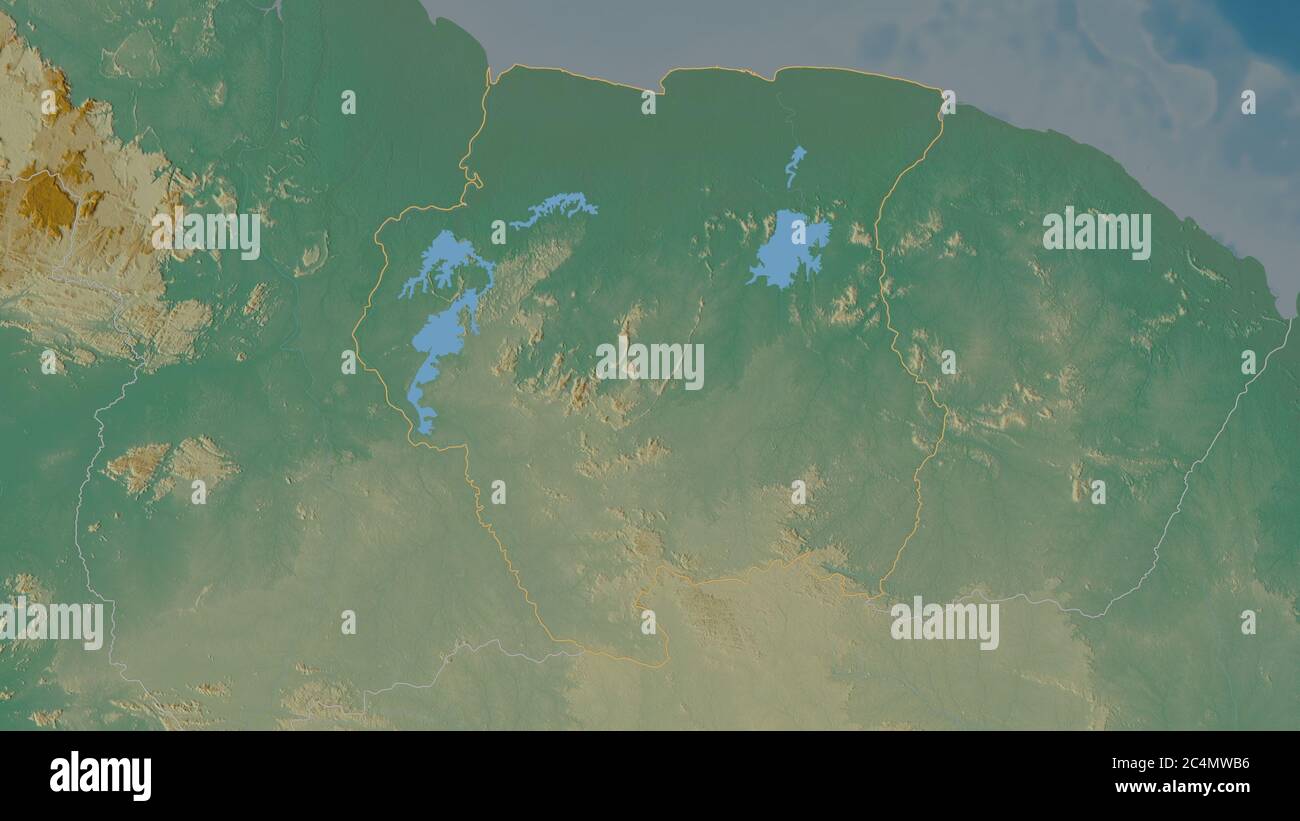 Outlined shape of the Suriname area. Topographic relief map with ...