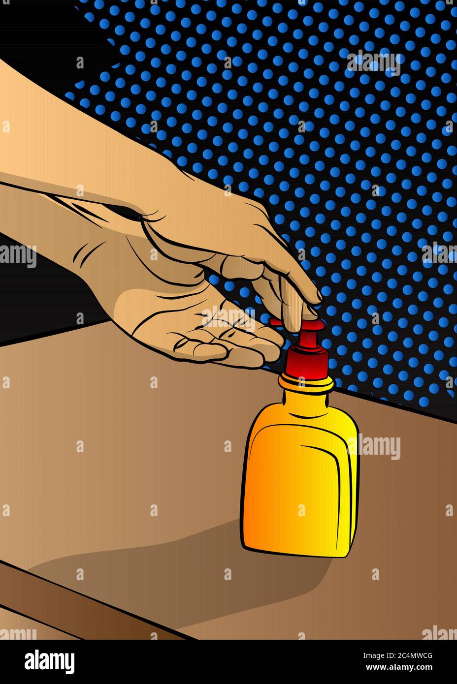 Man cleaning his hands with sanitizer gel. - Comic book style, cartoon ...