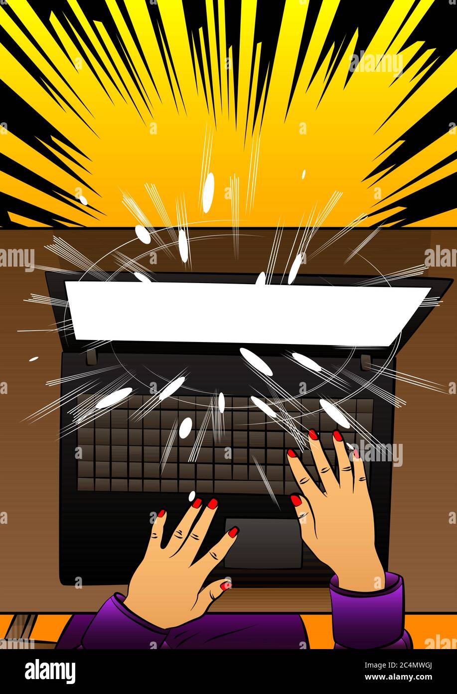 Working on a laptop computer from top view - comic book style, cartoon ...