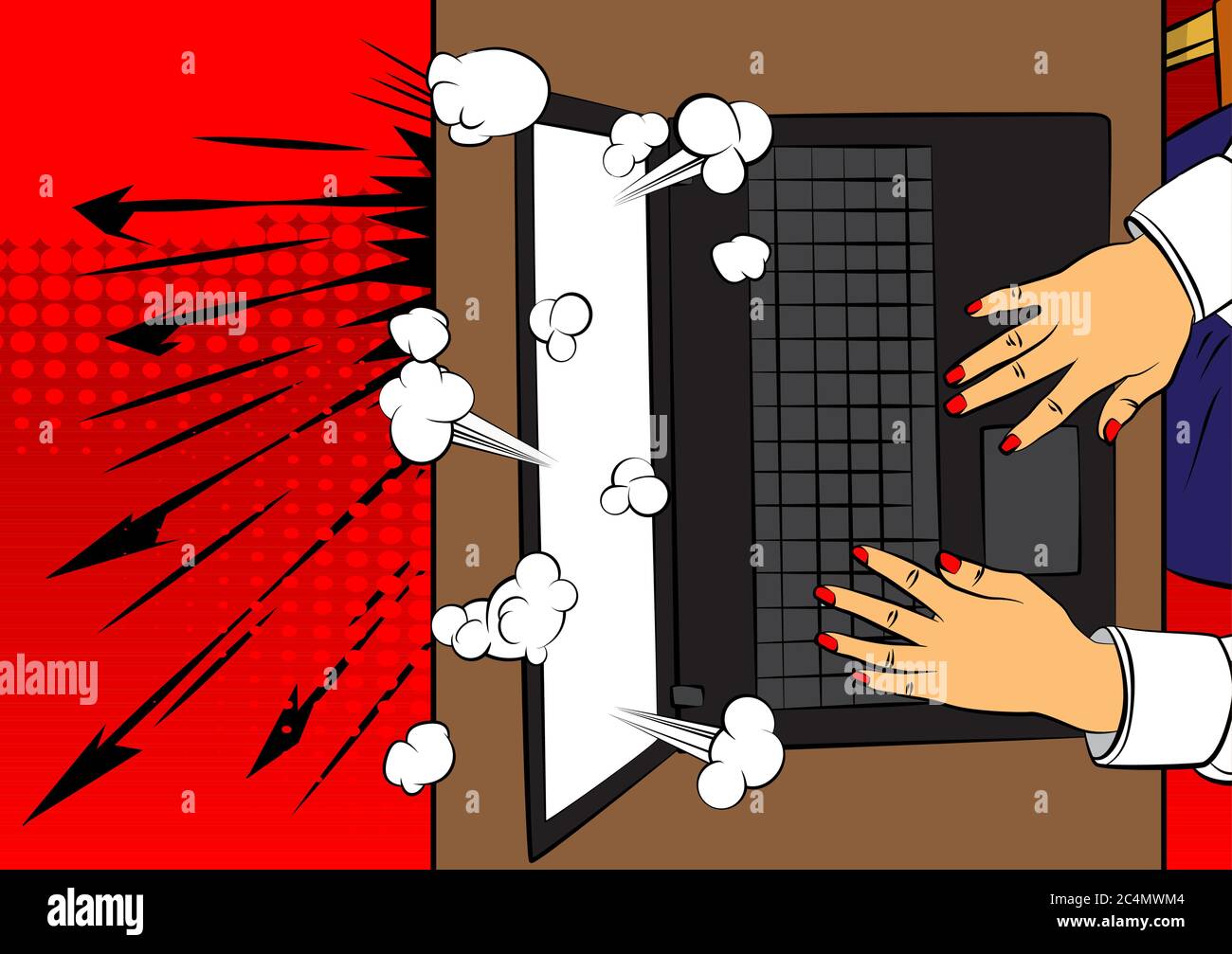 Working on a laptop computer from top view - comic book style, cartoon ...