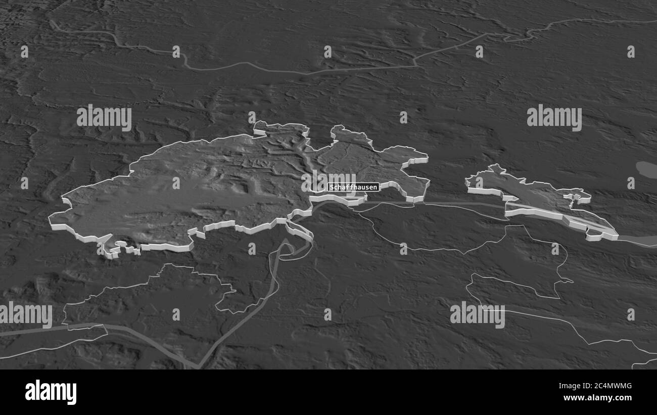 Zoom in on Schaffhausen (canton of Switzerland) extruded. Oblique ...