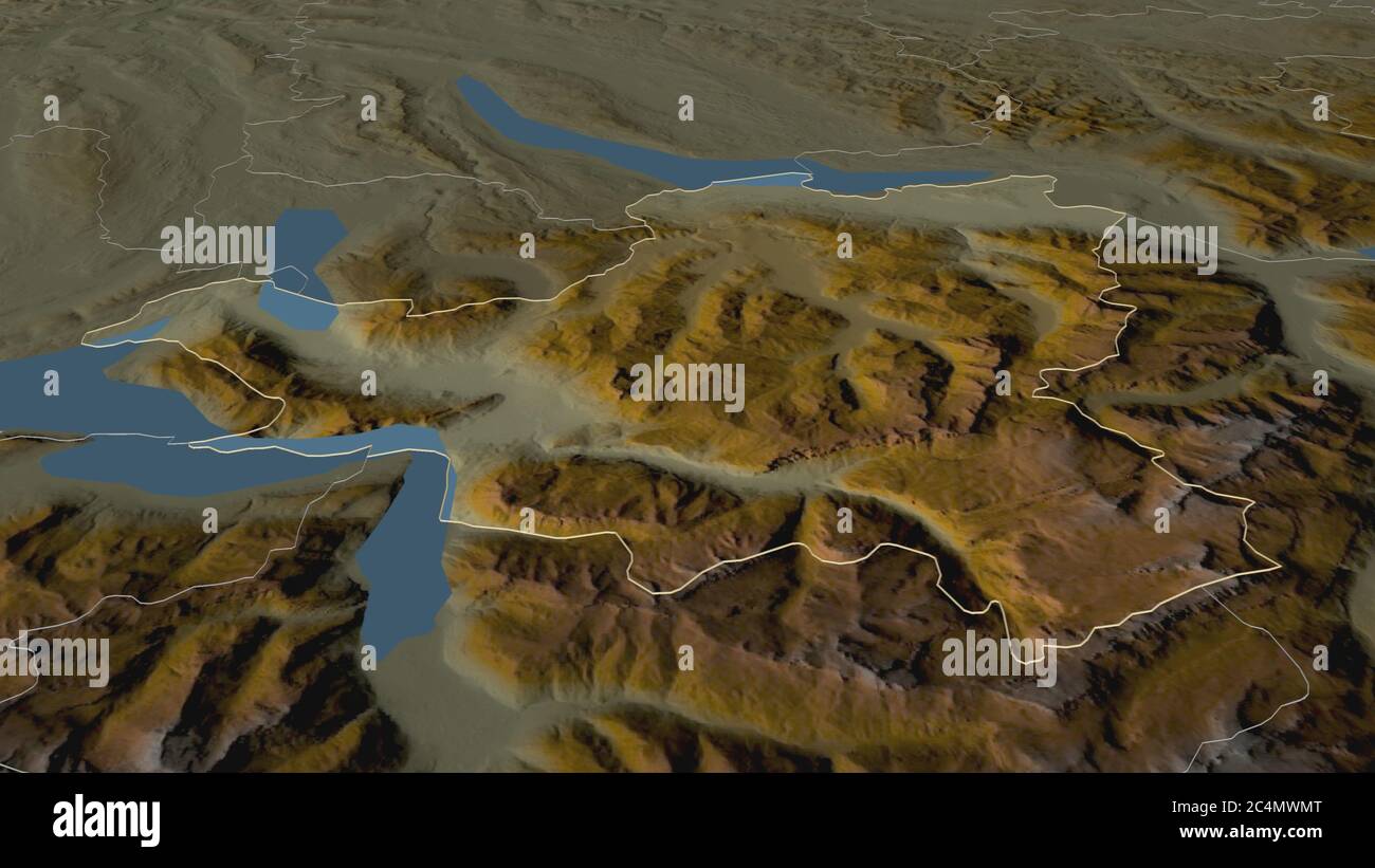Zoom in on Schwyz (canton of Switzerland) outlined. Oblique perspective ...