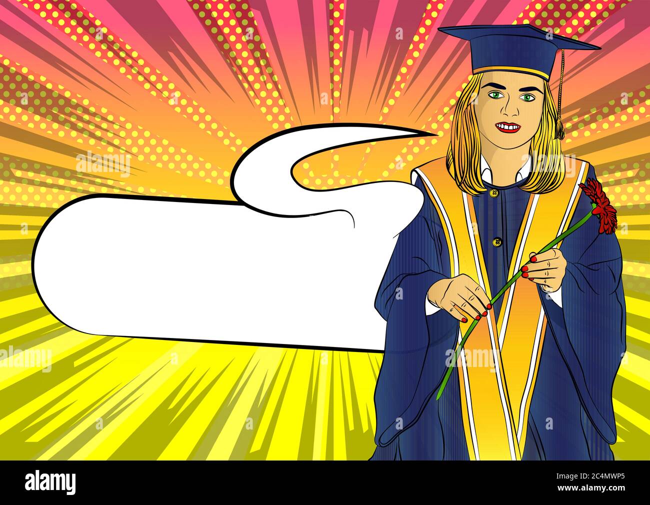 Happy cute caucasian grad girl. Wearing a blue mortar board, with ...
