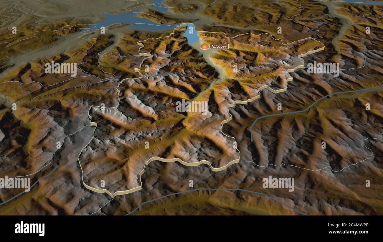 Zoom in on Uri (canton of Switzerland) extruded. Oblique perspective ...