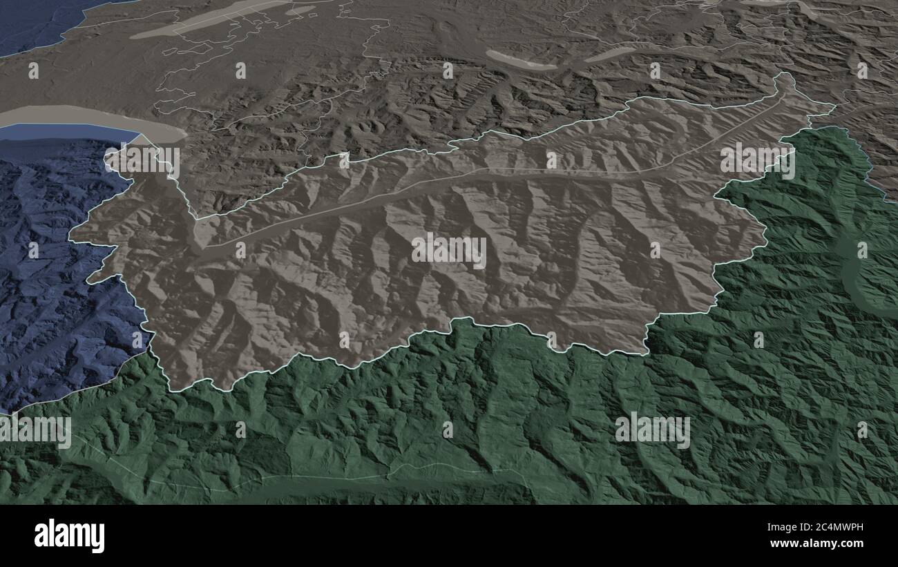 Zoom in on Valais (canton of Switzerland) outlined. Oblique perspective ...