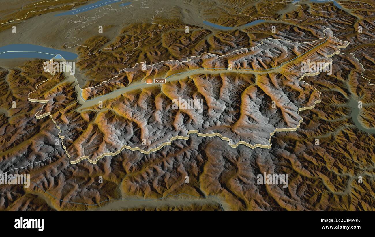 Zoom in on Valais (canton of Switzerland) extruded. Oblique perspective ...