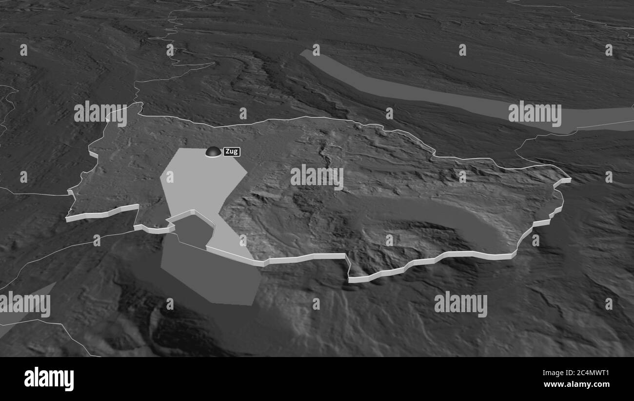 Zoom in on Zug (canton of Switzerland) extruded. Oblique perspective ...