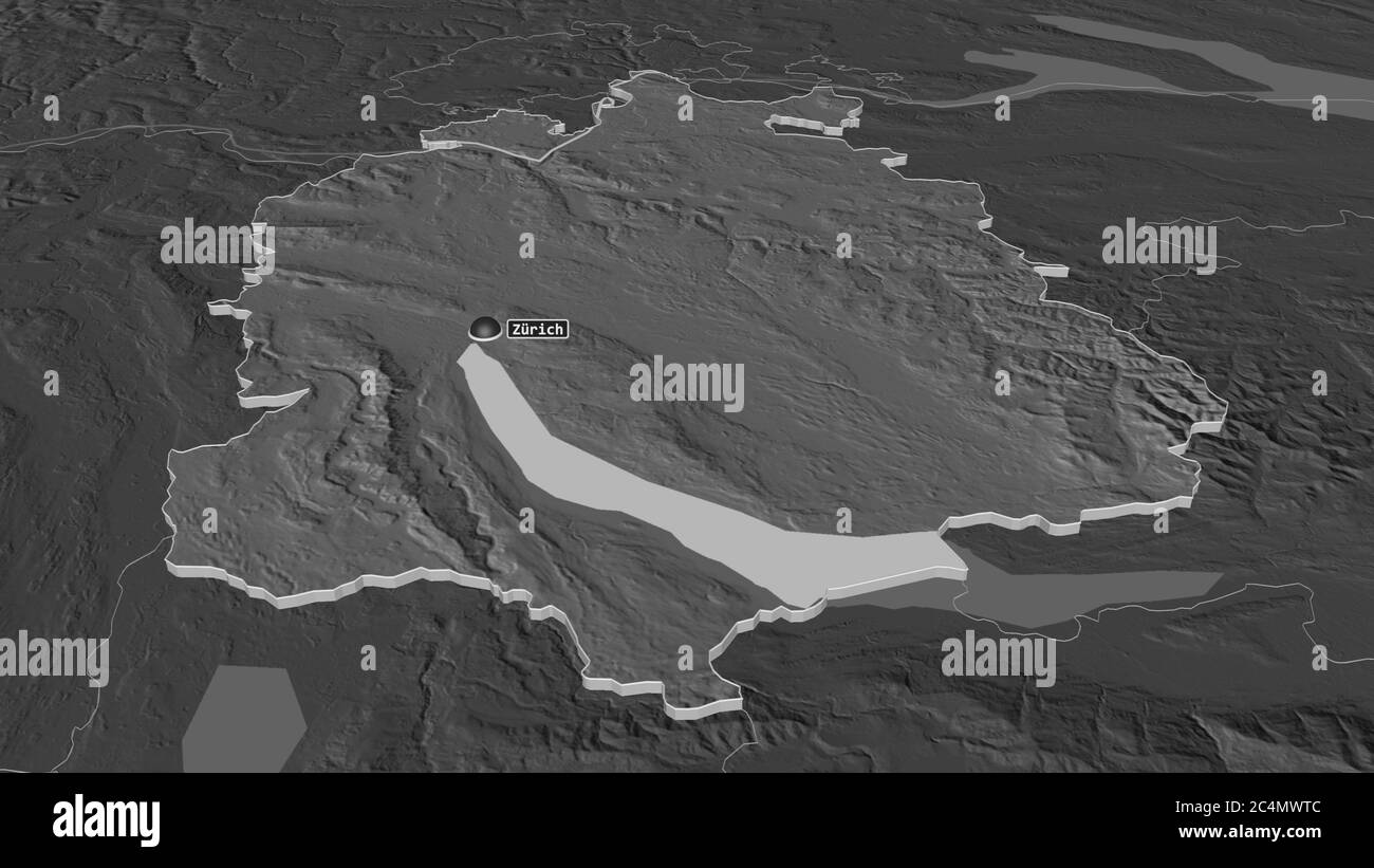 Zoom in on Zürich (canton of Switzerland) extruded. Oblique perspective ...
