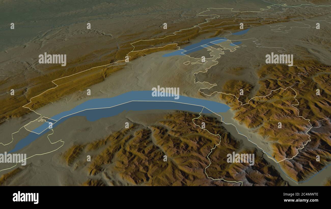 Zoom in on Vaud (canton of Switzerland) outlined. Oblique perspective ...
