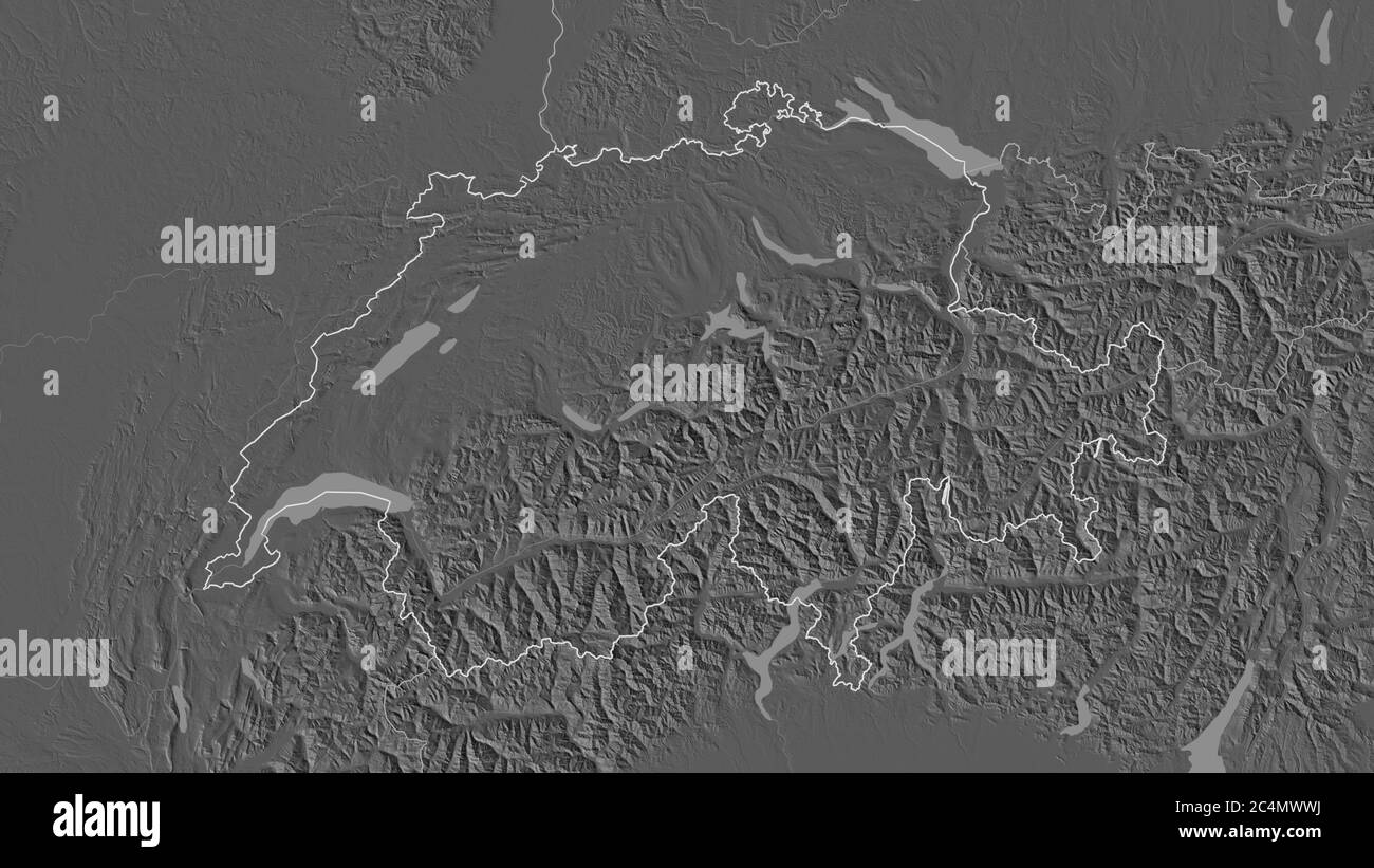 Outlined shape of the Switzerland area. Bilevel elevation map with ...