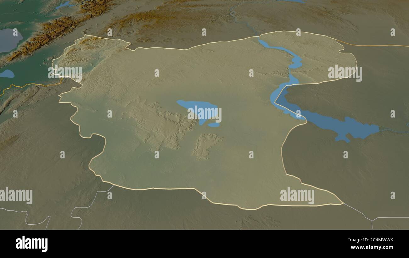 Zoom in on Aleppo (province of Syria) outlined. Oblique perspective ...