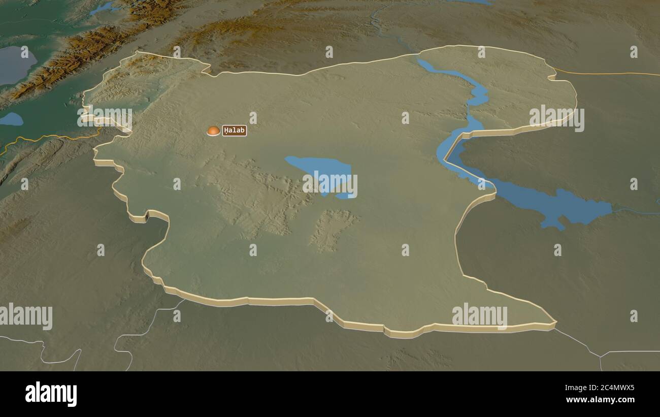 Zoom in on Aleppo (province of Syria) extruded. Oblique perspective ...