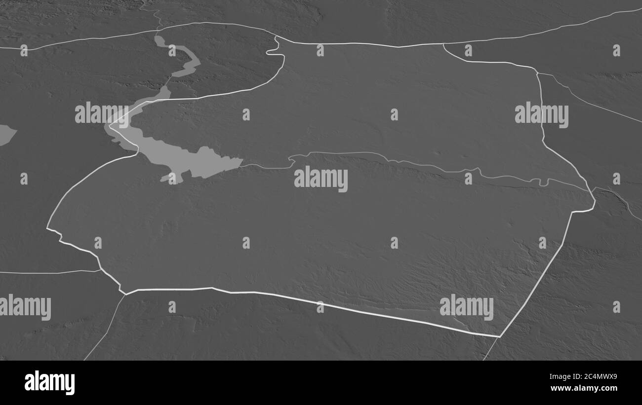 Zoom in on Ar Raqqah (province of Syria) outlined. Oblique perspective ...