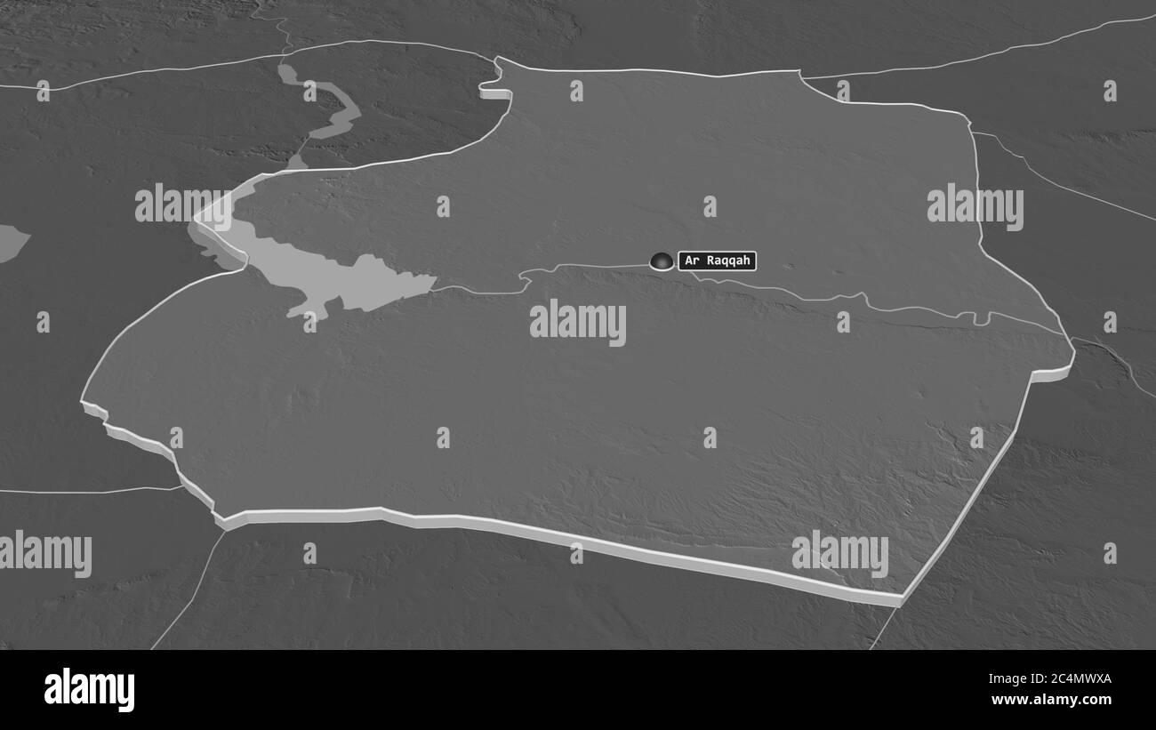 Zoom in on Ar Raqqah (province of Syria) extruded. Oblique perspective ...