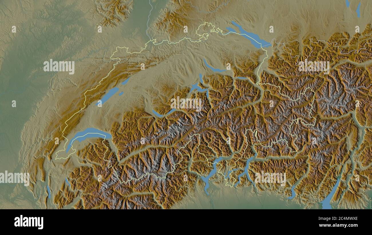 Outlined shape of the Switzerland area. Topographic relief map with ...