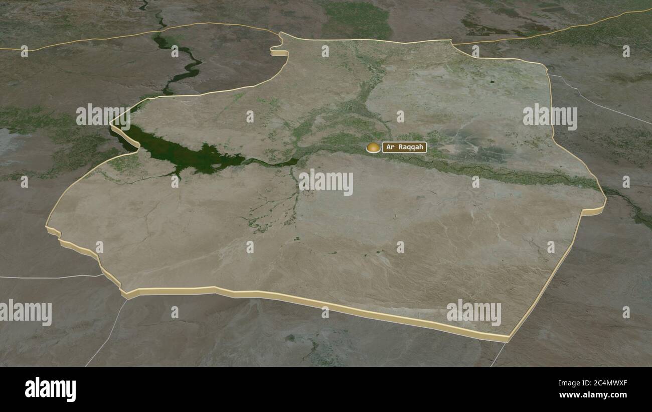 Zoom in on Ar Raqqah (province of Syria) extruded. Oblique perspective ...