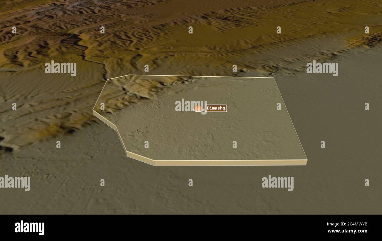 Zoom in on Damascus (province of Syria) extruded. Oblique perspective ...