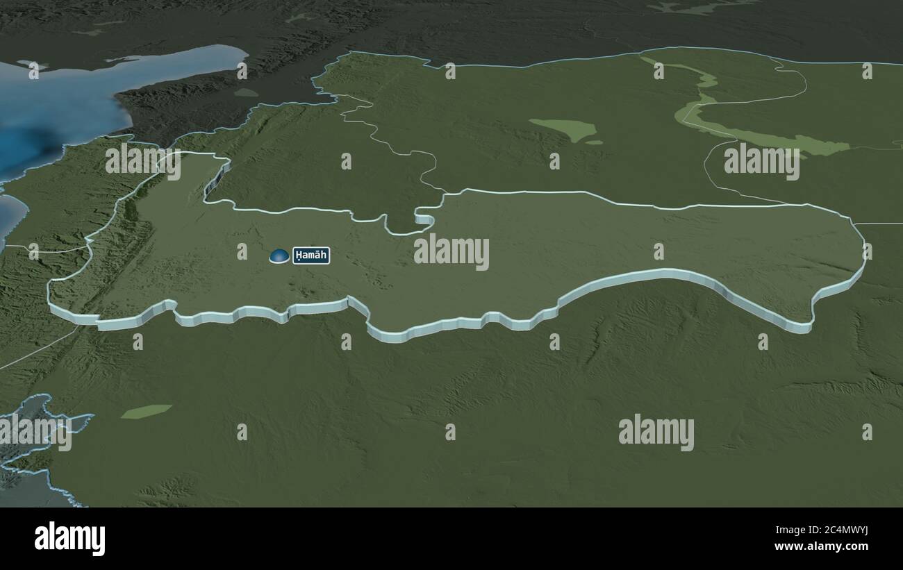 Zoom in on Hamah (province of Syria) extruded. Oblique perspective ...