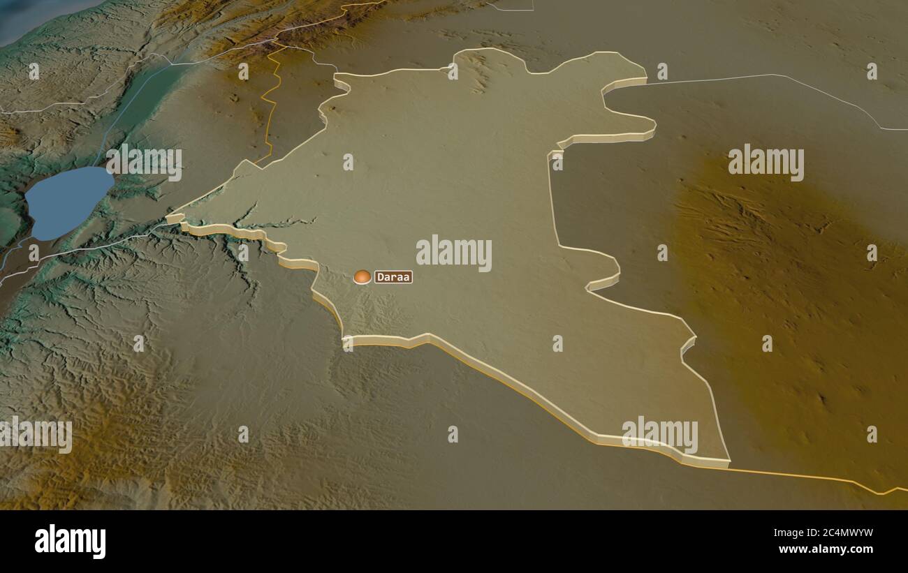 Zoom in on Dar (province of Syria) extruded. Oblique perspective ...