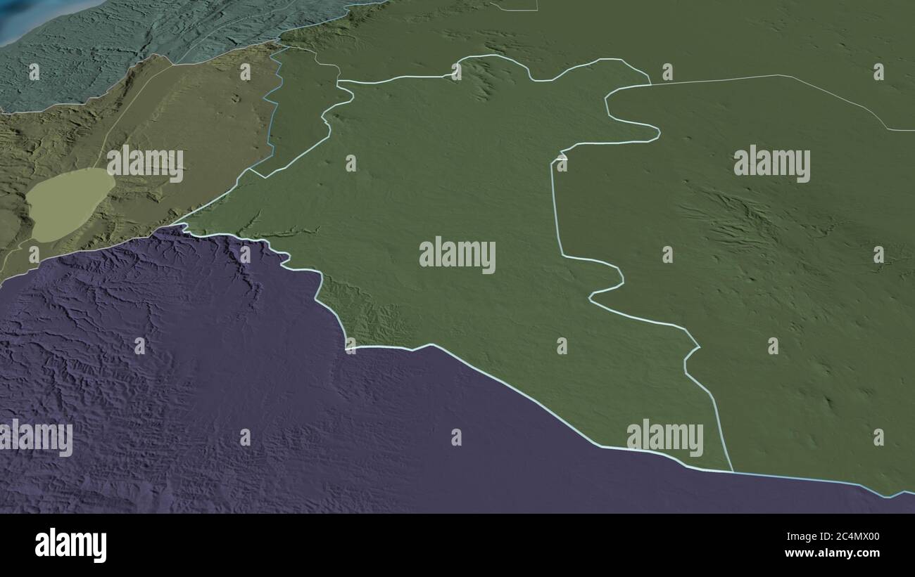 Zoom in on Dar (province of Syria) outlined. Oblique perspective ...