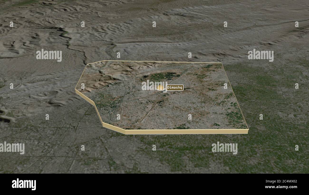 Zoom in on Damascus (province of Syria) extruded. Oblique perspective ...