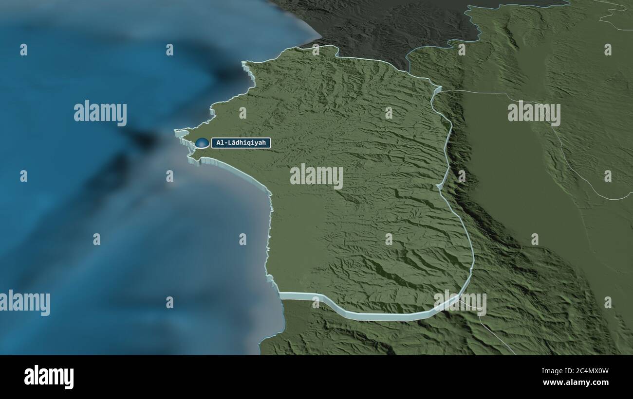 Zoom in on Lattakia (province of Syria) extruded. Oblique perspective ...