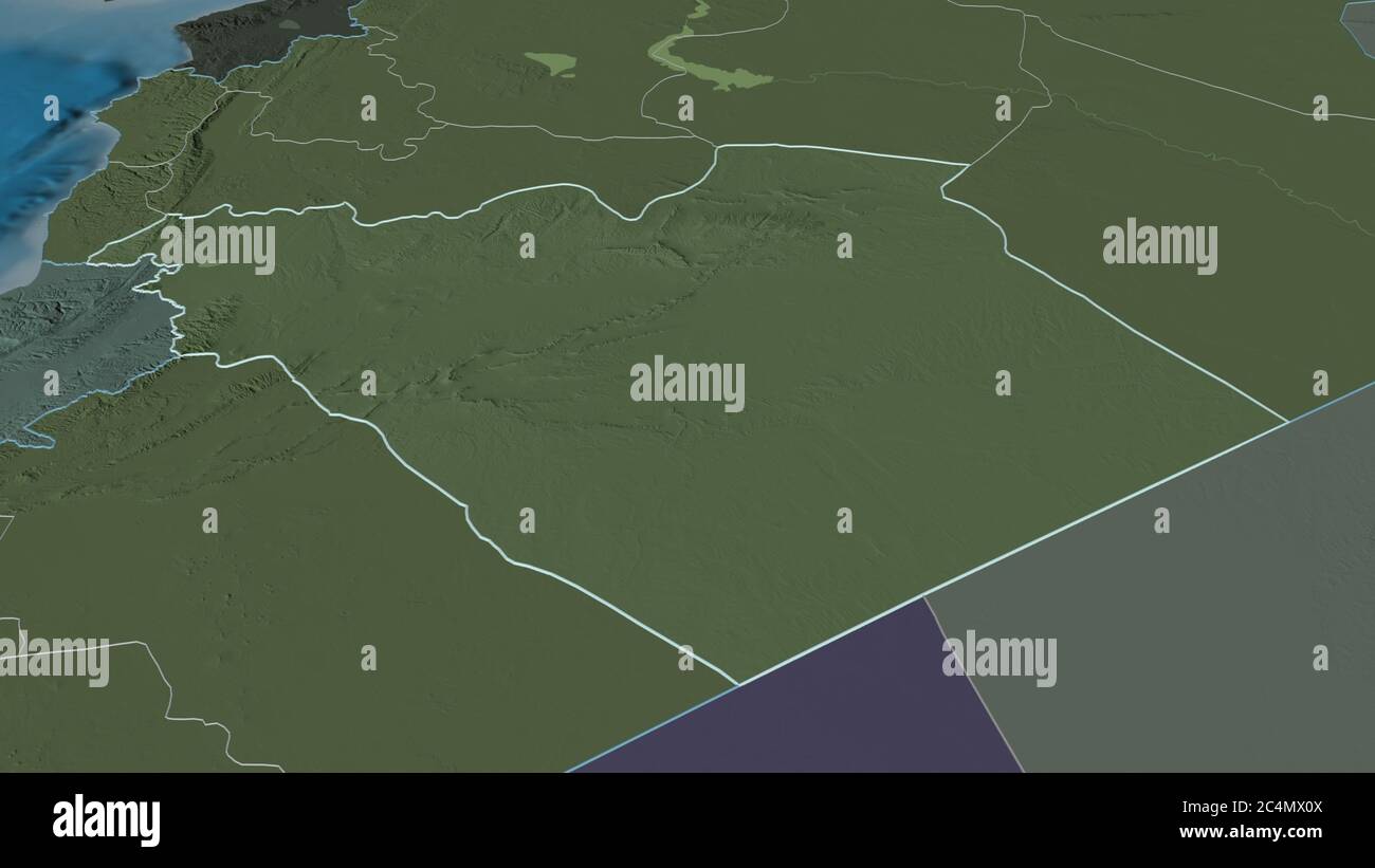 Zoom in on Hims (province of Syria) outlined. Oblique perspective ...