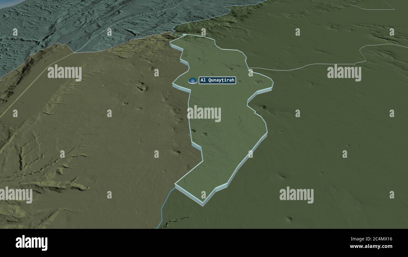 Zoom in on Quneitra (province of Syria) extruded. Oblique perspective ...
