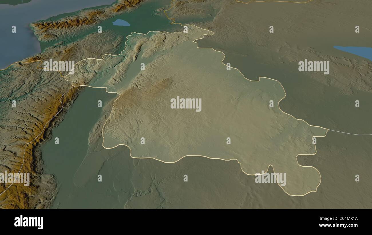 Zoom in on Idlib (province of Syria) outlined. Oblique perspective ...