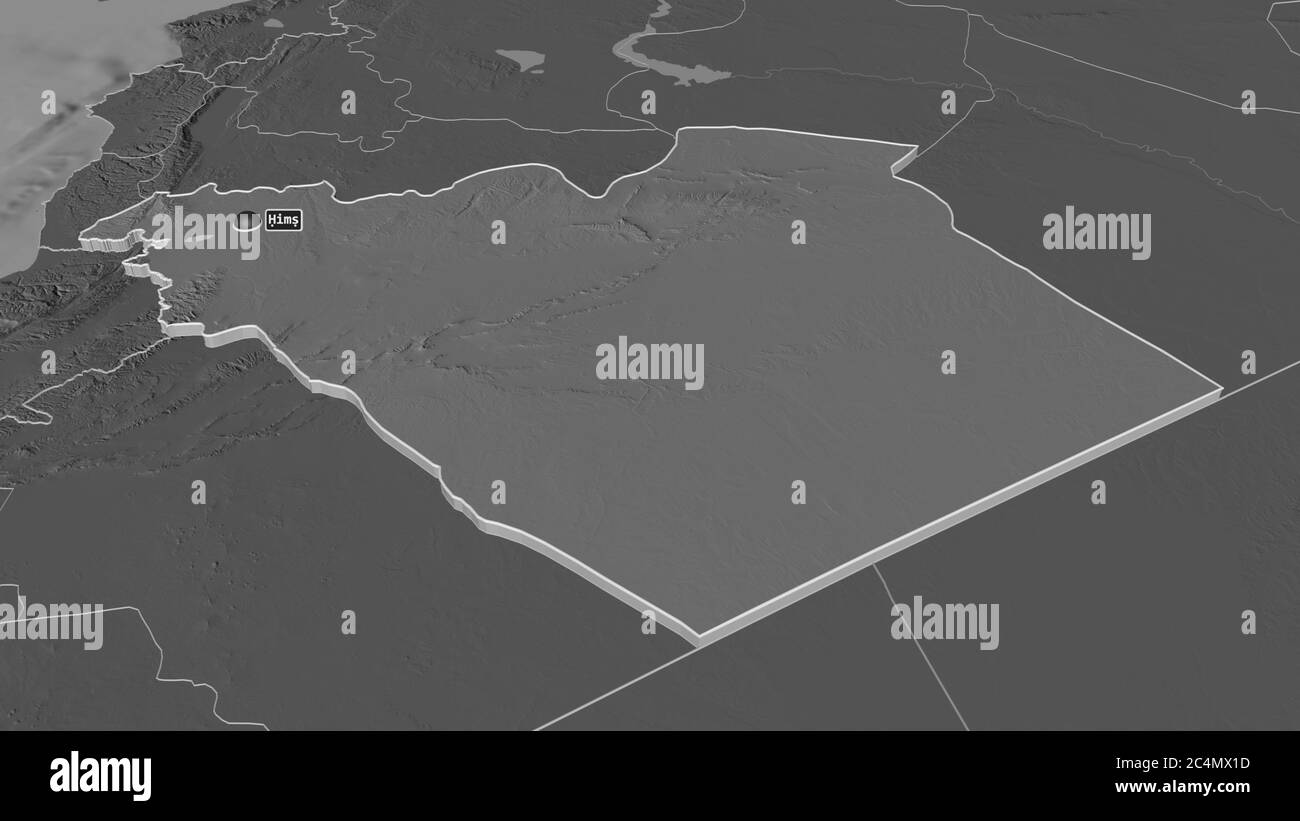 Zoom in on Hims (province of Syria) extruded. Oblique perspective ...