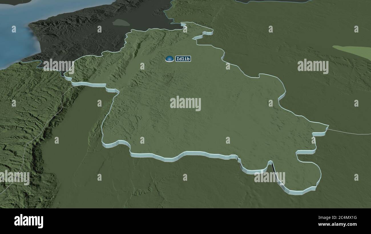 Zoom in on Idlib (province of Syria) extruded. Oblique perspective ...