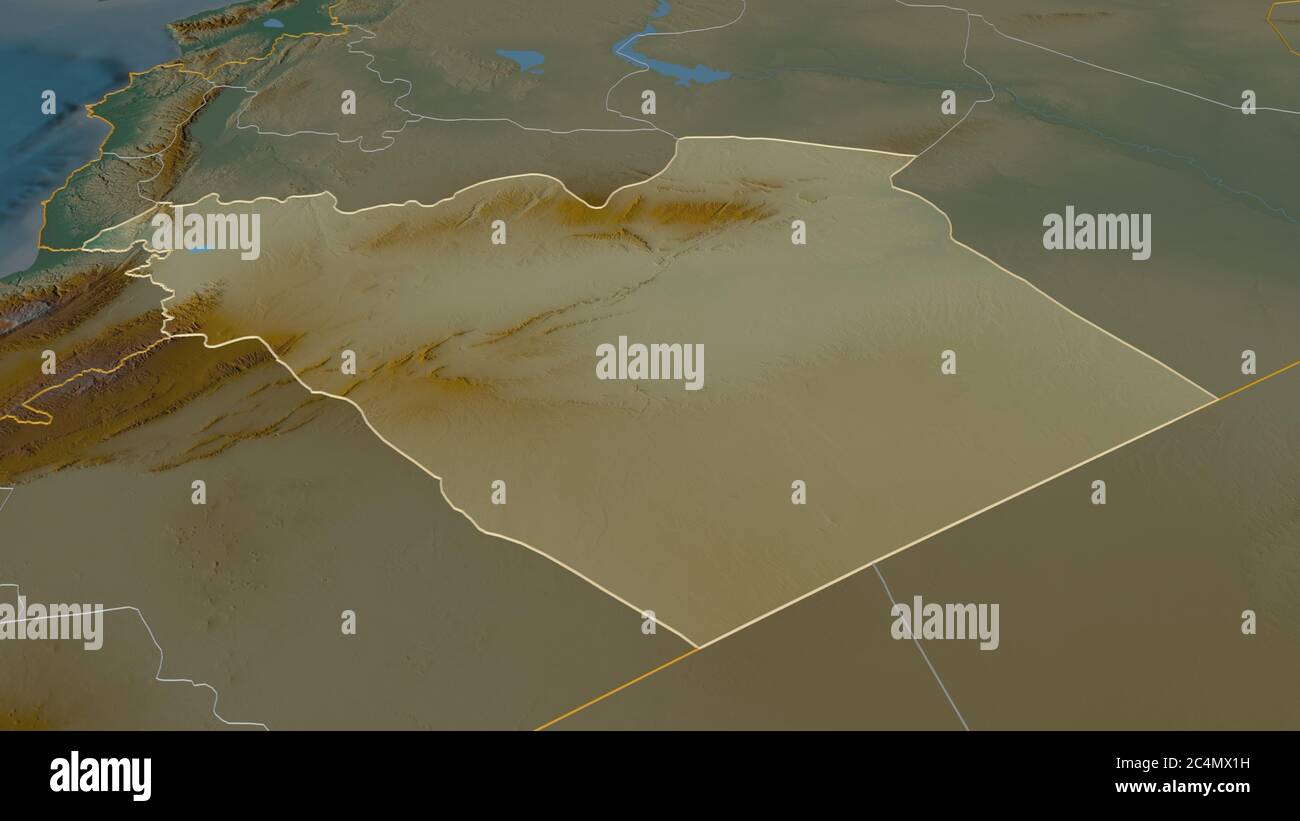 Zoom in on Hims (province of Syria) outlined. Oblique perspective ...