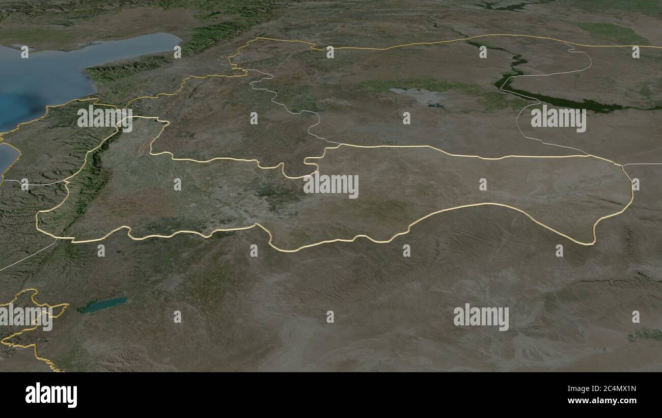 Zoom in on Hamah (province of Syria) outlined. Oblique perspective ...