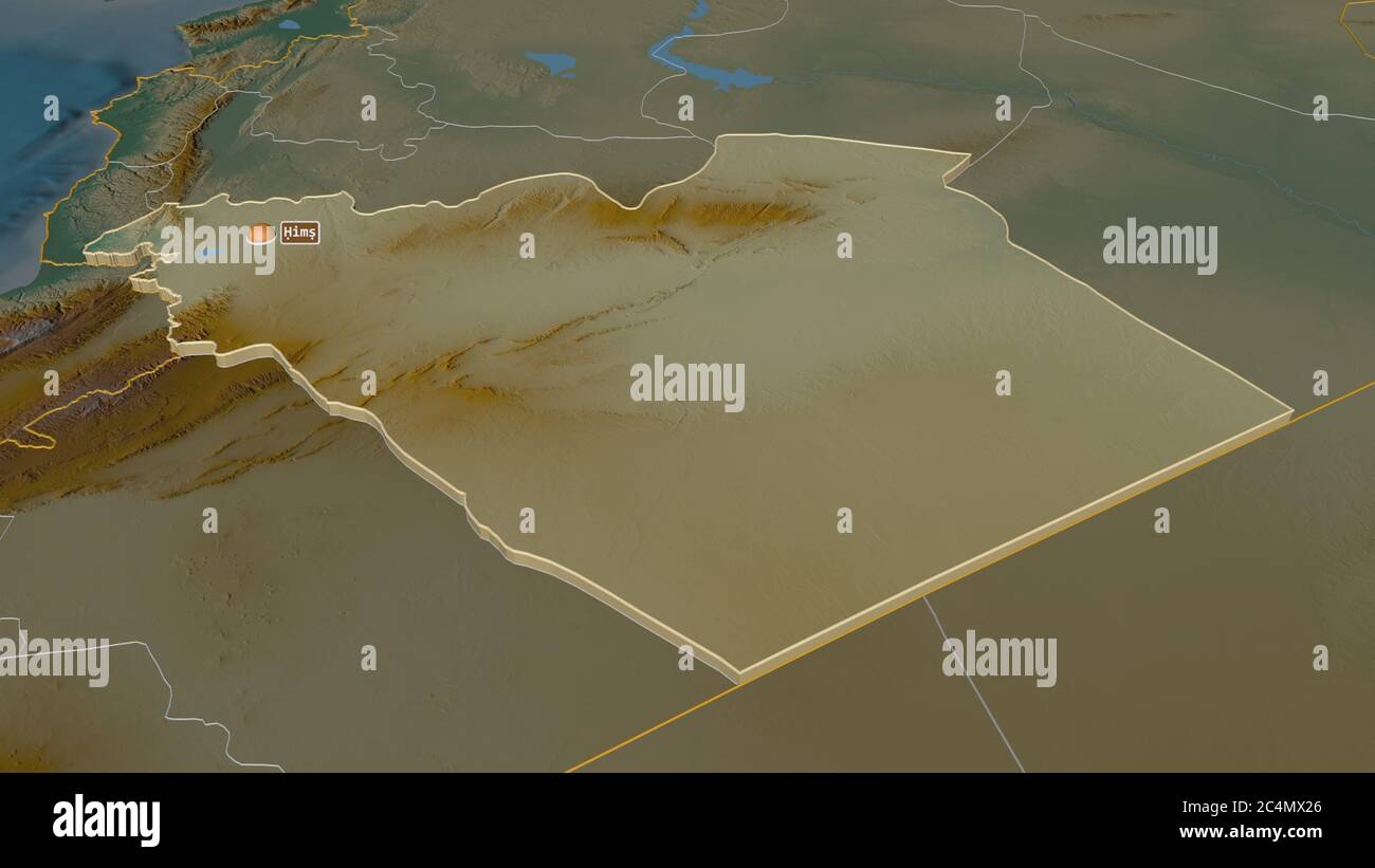 Zoom in on Hims (province of Syria) extruded. Oblique perspective ...