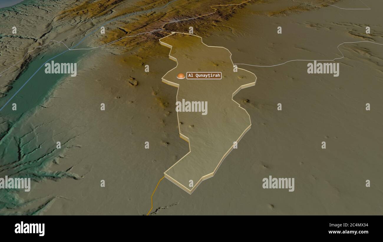 Zoom in on Quneitra (province of Syria) extruded. Oblique perspective ...