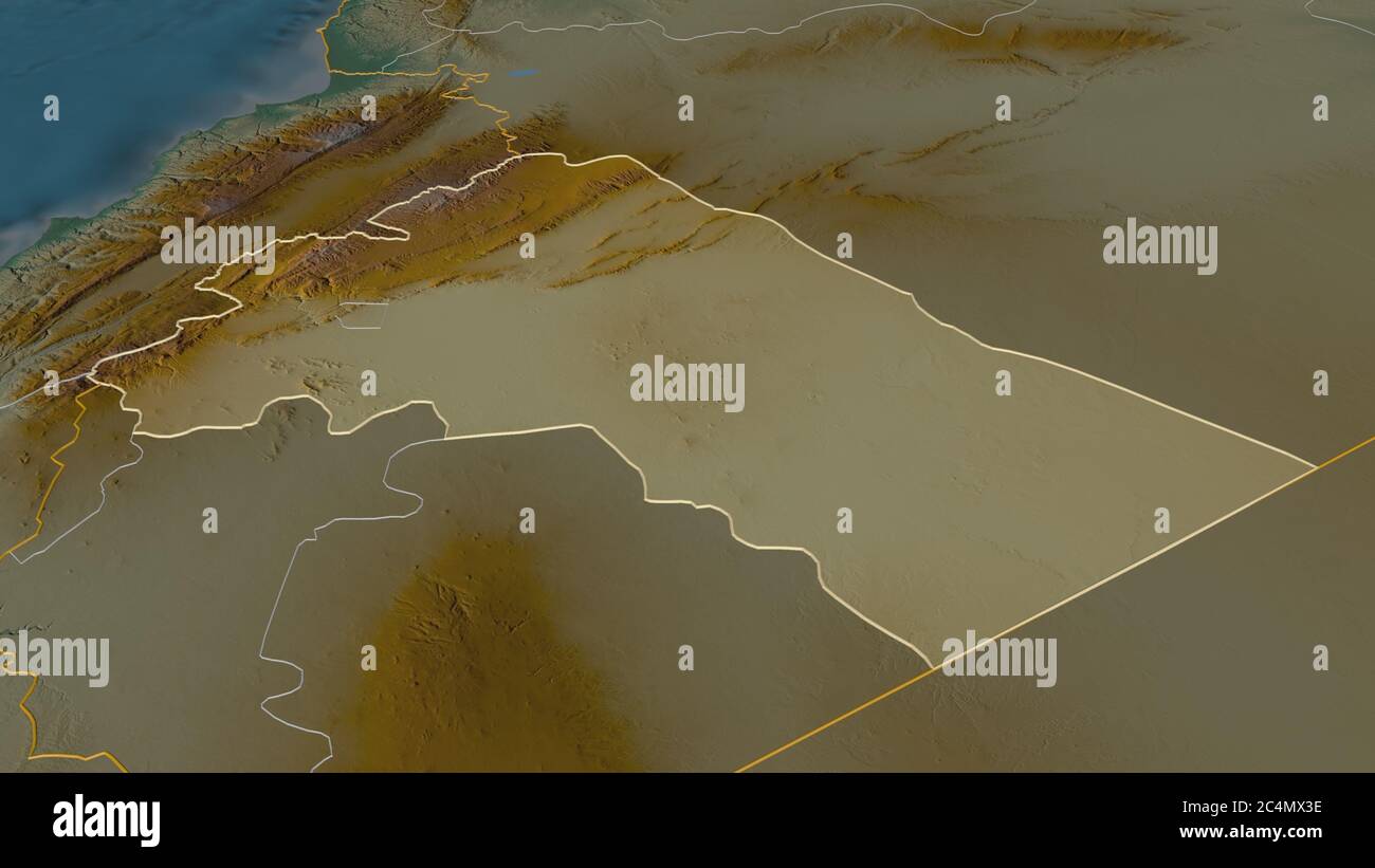 Zoom in on Rif Dimashq (province of Syria) outlined. Oblique ...