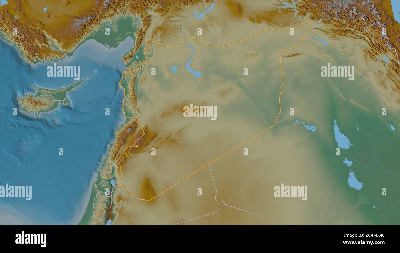 Outlined shape of the Syria area. Topographic relief map with surface ...