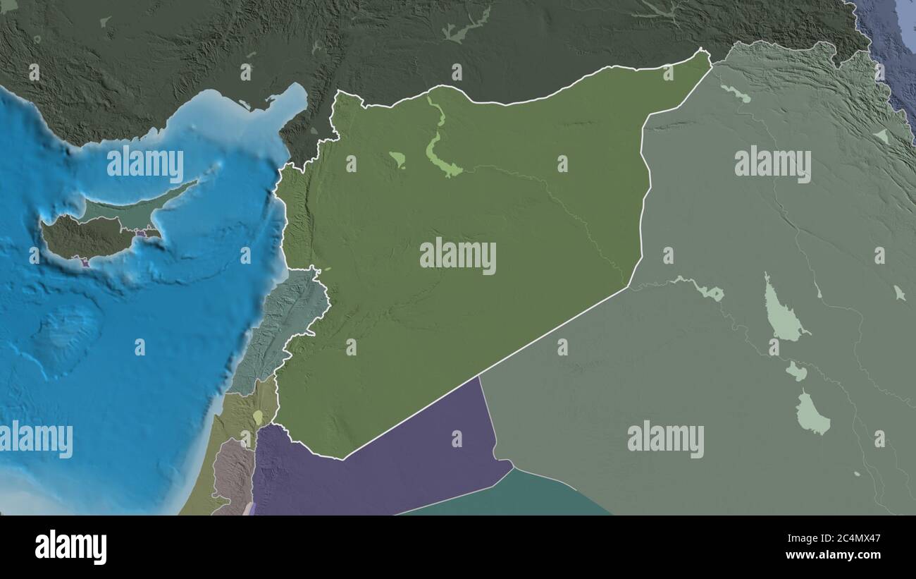 Outlined shape of the Syria area. Colored and bumped map of the ...