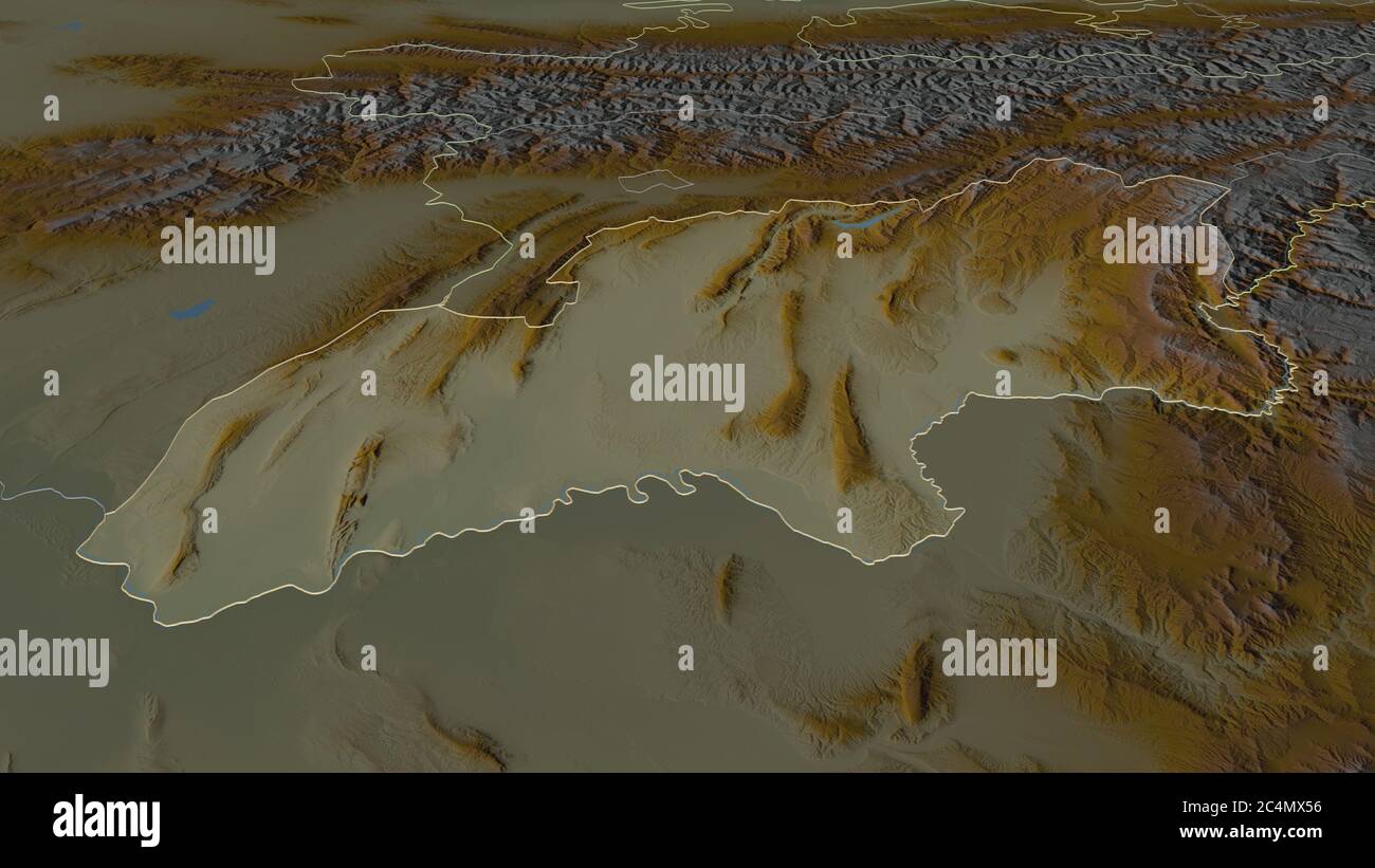 Zoom in on Khatlon (region of Tajikistan) outlined. Oblique perspective ...